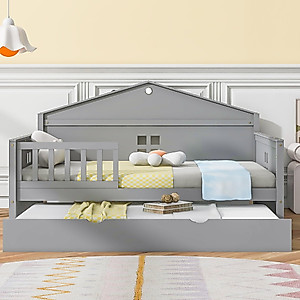 Merax Full Size Wooden Daybed with Trundle and Sensor Light, House Shaped Daybed for Kids, Boys and Girls, No Box Spring Needed, Grey