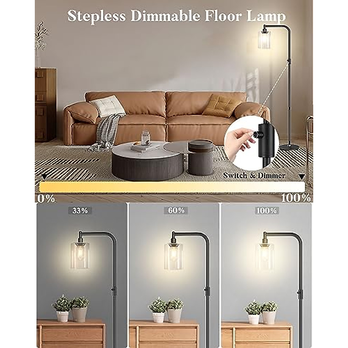 bulbeats 63IN Dimmable (Brightness Adjustable) Industrial Floor Lamp, Black Modern Standing Lamps with Clear Glass Lampshade, E26 LED Bulb Included, Farmhouse Floor Lamp for Living Room Bedroom