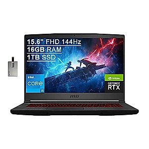 MSI 2022 GF65 15.6" FHD 144Hz Laptop Computer, 10th Gen Intel Core i5-10500H, 16GB RAM, 1TB PCIe SSD, Backlit Keyboard, NVIDIA GeForce RTX 3060 Graphics, Windows 10, Black, 32GB SnowBell USB Card