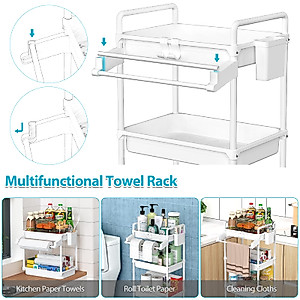 SPACEKEEPER Rolling Storage Cart, 4-Tier Bathroom Organizer Utility Cart Laundry Room Organization Mobile Shelving Unit with Towel Rack, Lockable Wheel, Hooks & Cup for Kitchen Bedroom Office, White