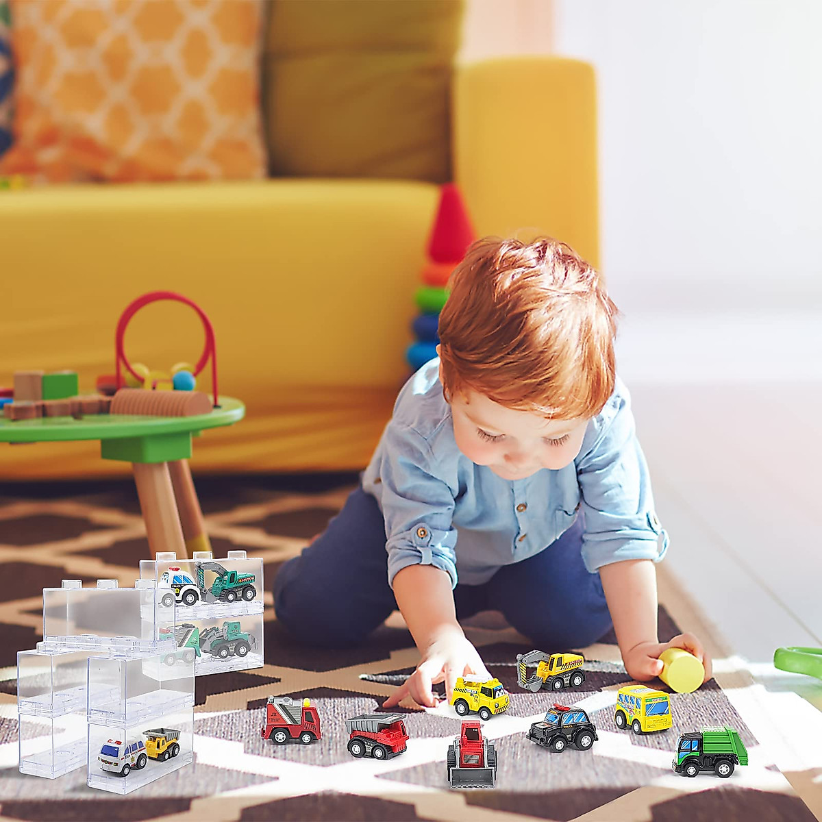 jerryvon 14 Mini Cars & 7 Acrylic Display Boxes Construction Pull Back Vehicle Toys for 3 4 5 Year Old Toddlers Boys Kids Trucks Tractor Bulldozer Party Favors Supplies Birthday Gift