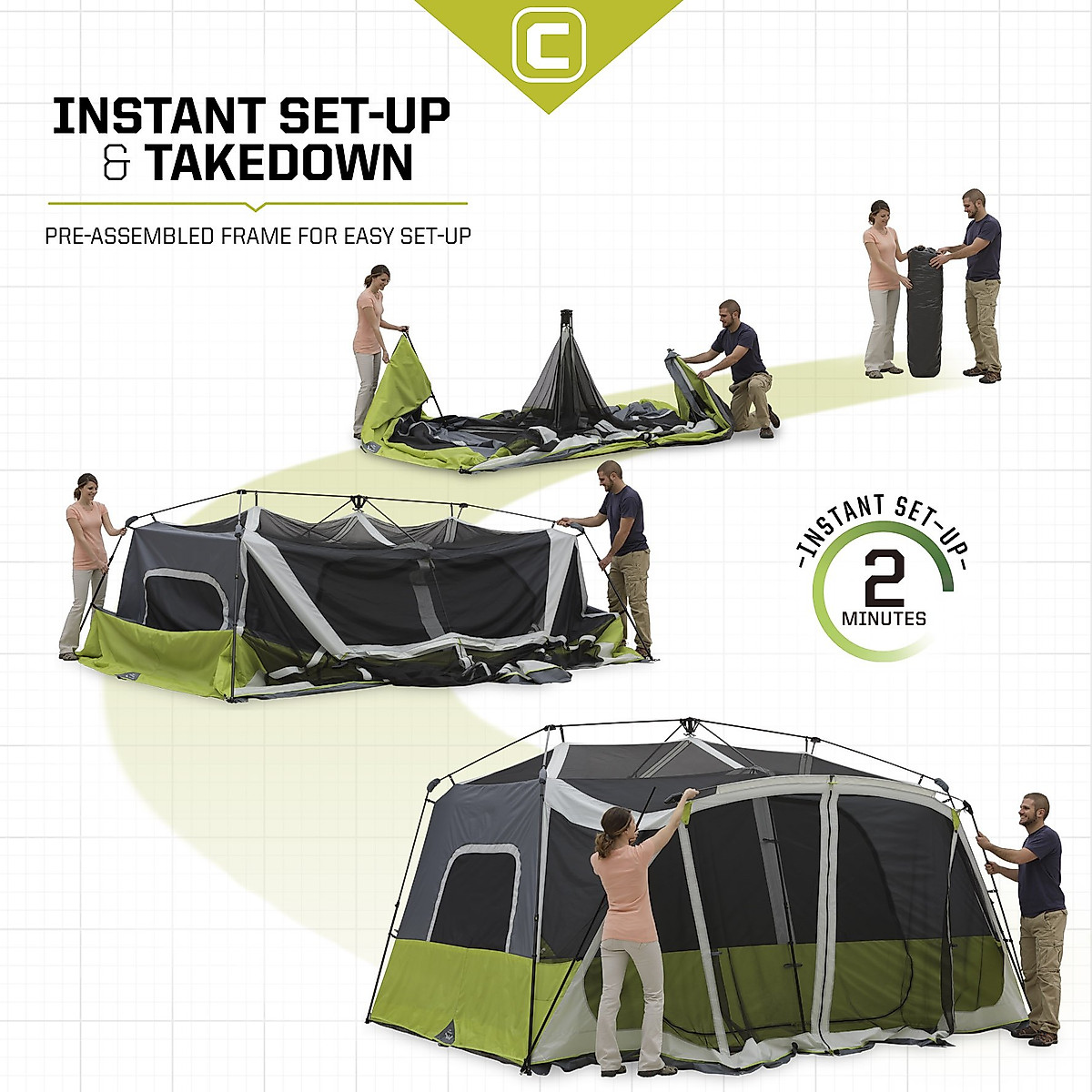 CORE 10 Person Instant Cabin Tent | 2 Room Huge Tent with Screen Room for Family with Storage Pockets for Camping Accessories | Portable Large Pop Up Tent for 2 Minute Camp Setup