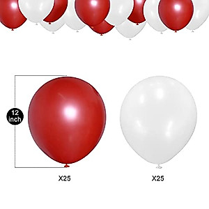 Red and White Balloons, 50pcs 12 Inch Latex Pearlized White and Burgundy Red Balloons, White and Maroon Balloons for Valentine's Day Party Supplies Decoration