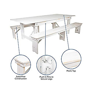 Flash Furniture HERCULES Series 9' x 40" Antique Rustic White Folding Farm Table and Two Bench Set