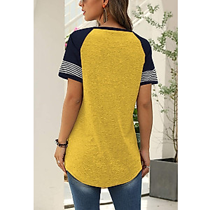 Adibosy Women Summer Casual Shirts: Short Sleeve Striped Tunic Tops - Womens Color Block Tee Tshirt Blouses Yellow L