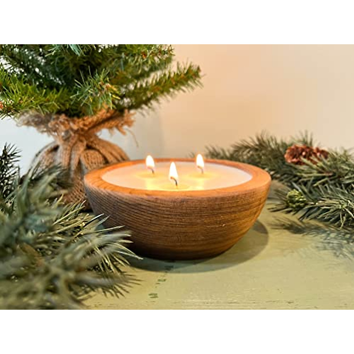 Bonneville Handmade Candles / 5 1/2" x 2" Hand Poured Wood Bowl Candle, 3 Wick/Dough Bowl Candle/Up to 25 Hour Burn Time / 100% Soy Wax/Scented Candle/Rustic Candle/Holiday (Unscented)