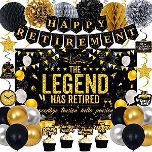 Retirement Party Decorations Men Women, Black Gold Happy Retirement Decorations, Happy Retirement Banner, Retired Backdrop, Balloons, Pompoms, Hanging Swirls, Retirement Card, Cake Topper Set 54pcs
