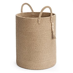 Goodpick Jute Woven Blanket Basket Decorative Storage Basket for Towels, Shoes, Toys, Tall Laundry Basket for Living Room, Bedroom, Round Wicker Basket 16 x 20 Inches, Black and Jute