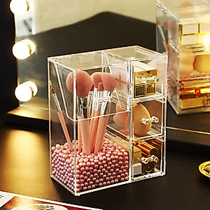 HOSEN Acrylic Makeup Organizer and Brush Holder With Lid Make up Organizer With Pearls Cosmetics Organizer Makeup Brushes Holder With 3 Drawers