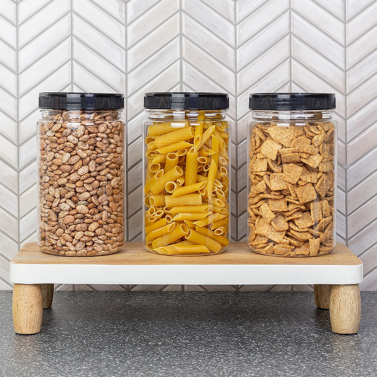 Cornucopia 32oz Clear Plastic Jars with Black Ribbed Lids (6 pack): BPA Free PET Quart Size Canisters for Kitchen & Household Storage