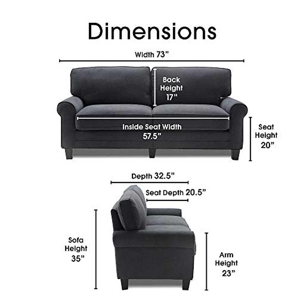 Serta Copenhagen 73" Sofa - Pillowed Back Cushions and Rounded Arms, Durable Modern Upholstered Fabric - Charcoal