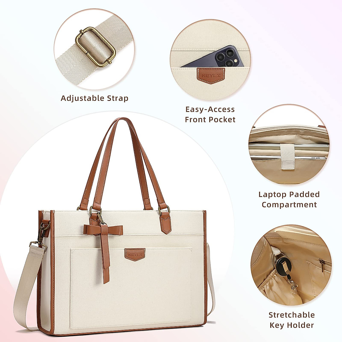 Keyli Canvas Laptop Tote Bag for Women - 15.6 inch Casual Work Shoulder Bag with Large Capacity - Brown