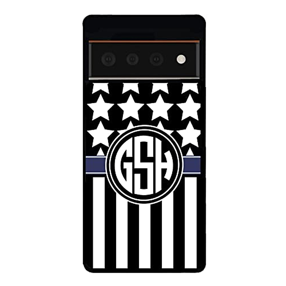 American Flag USA Thin Blue Line Police Monogram Black Rubber Phone Case Compatible With Google Pixel 8 Pro, 8a, 8, 7a, 7, Pixel 7 Pro, 6a, 6 Pro, 6, 5, 4a 5G, 4a 4G, 4, 4 XL, 3a, 3a XL, 3, 3 XL