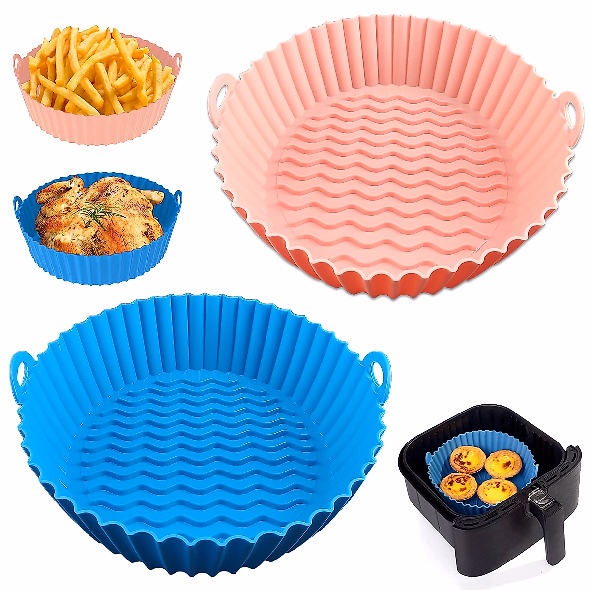 LOMSIOY 2 Pack Air Fryer Silicone Pot Reusable Round Air Fryer Oven Accessories with Handle Silicone Liner Tray Kitchen Accessories 8.4 Inch (Pink Blue)
