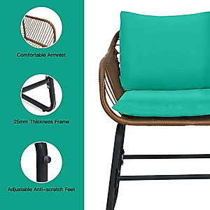 Tangkula 3 Pieces Patio Bistro Set, Patiojoy Outdoor PE Rattan Armchairs and Coffee Table Set with Comfortable Cushions & Adjustable Foot Pads, Suitable for Garden Backyard Poolside (Turquoise)