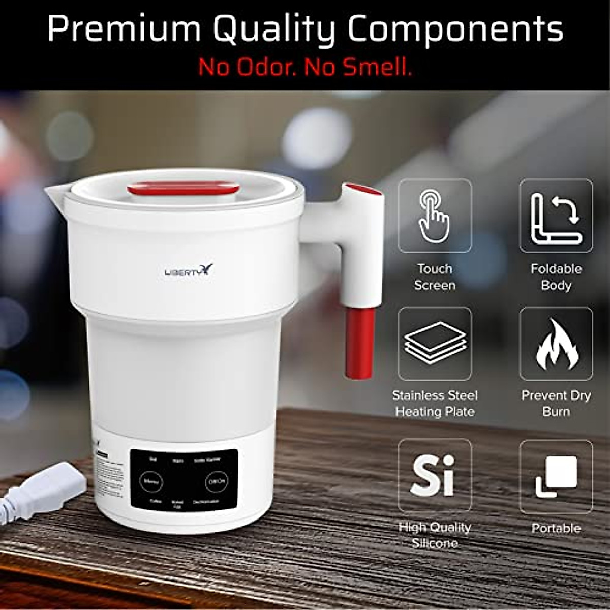 Liberty Premium Foldable Portable Travel Electric Kettle Premium BPA-Free Silicone Collapsible , Temperature Display 6 Preset Functions, Auto Shut-Off, Bottle Warmer, Hot Water Boiler