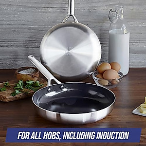 Blue Diamond Cookware Tri-Ply Stainless Steel Ceramic Nonstick, 9.5" and 11" Frying Pan Skillet Set, PFAS-Free, Multi Clad, Induction, Dishwasher Safe, Oven Safe, Silver