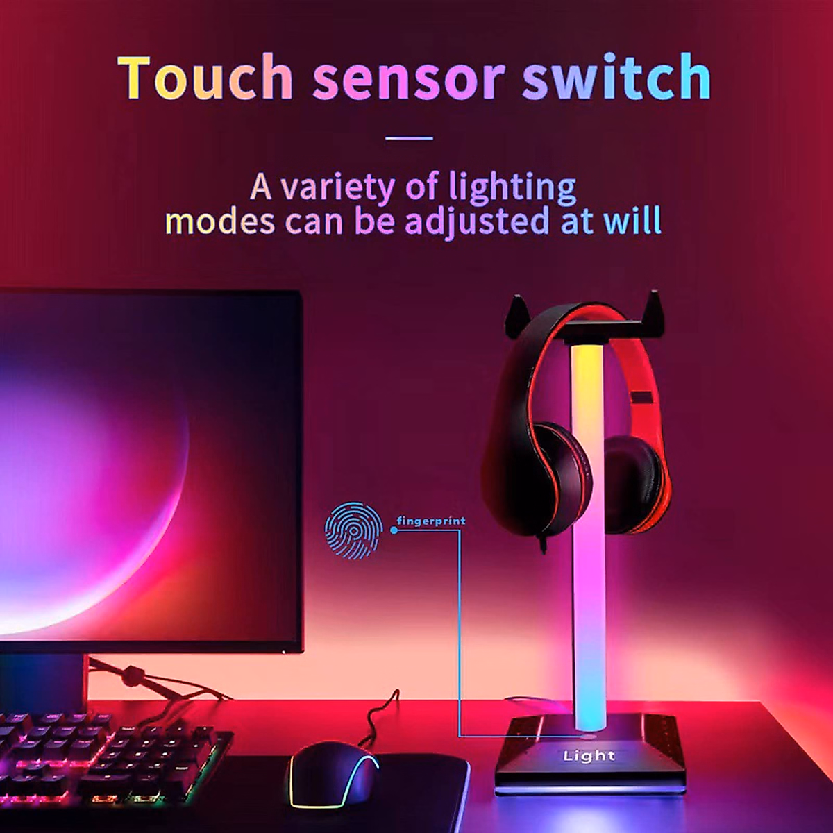 MOCIUN USB Gaming Desktop Headphone Display Stand, RGB Gaming Headphone Stand with Usb2.0 Hub and 3.5mm Port Audio T-ouch Control Led Strip Lamp (A)