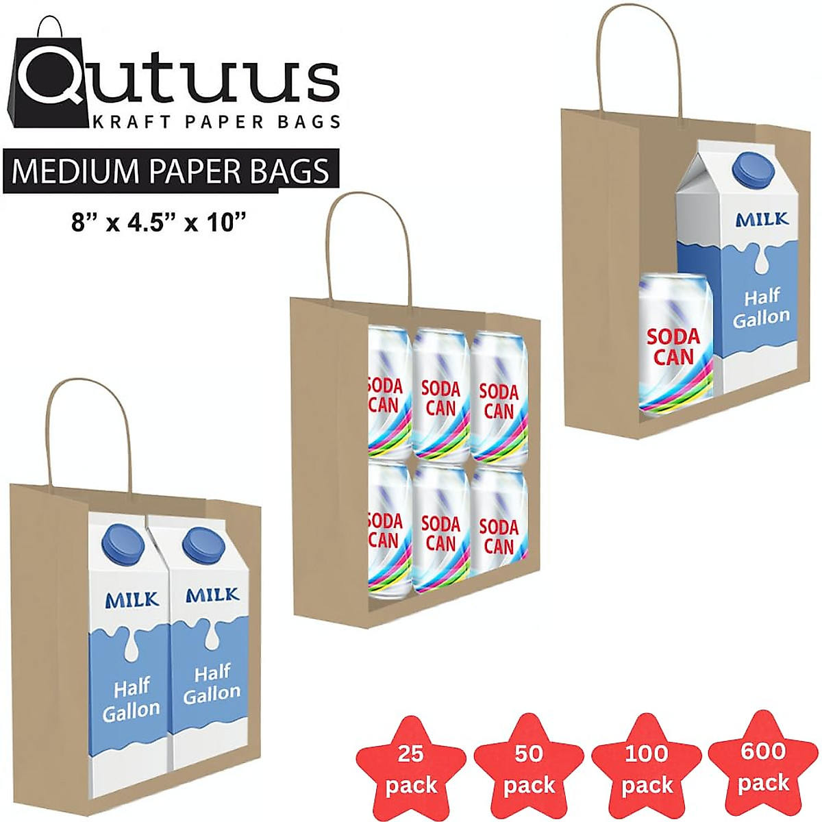 Qutuus Kraft Paper Bags 75 pcs 6x3x8 & 8x4.5x10 & 10x5x13 Paper Gift Bags Bulk, Kraft Bags, Brown Paper Bags, Craft Bags, Kraft Shopping Bags with Handles, 25 Pcs Each, Large - Medium - Small