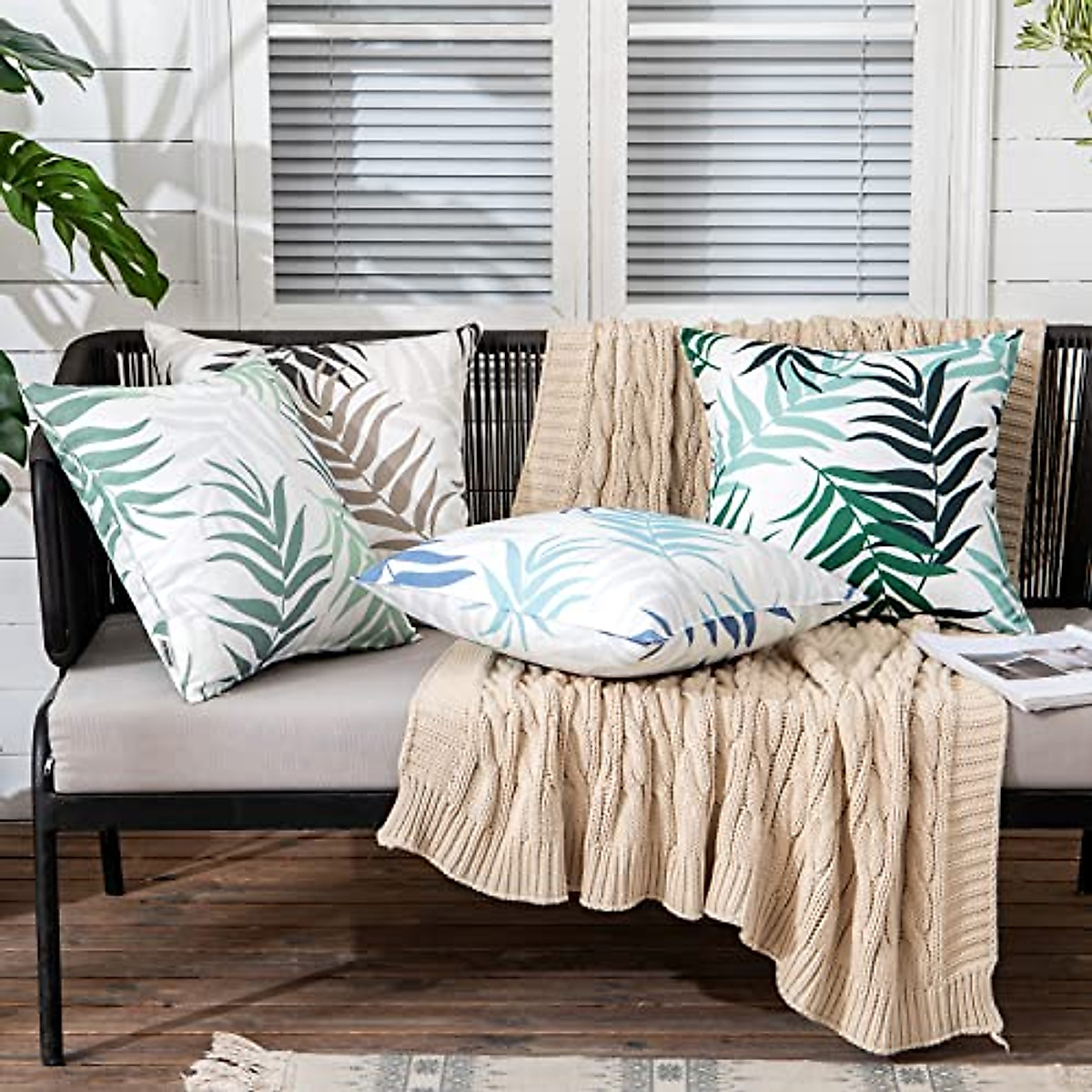 MIULEE Pack of 2 Decorative Outdoor Waterproof Throw Pillow Covers Spring Patio Pillow Cases Natural Leaves Pattern Square Cushion Shams Shell for Garden Balcony Couch 18x18 Inch, Dark Green
