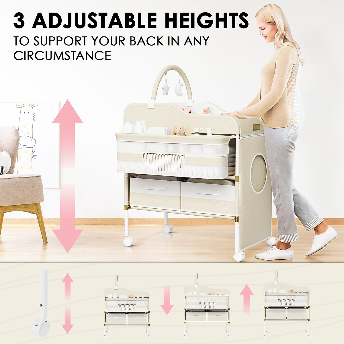Portable Baby Changing Table with Wheels - Modern Dresser Changing Tables w/Hanging Toys, Laundry Bag, Changing Table Organizer Boxes - Folding Waterproof Baby Diaper Changing Station for Nursery