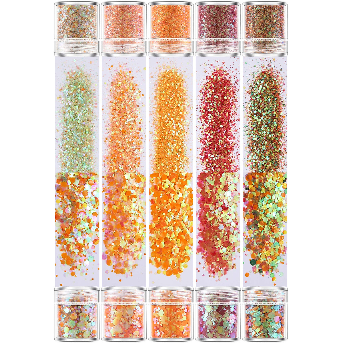 GABOX 10 Jars Sunset Orange Cosmetic Chunky Glitter Set, Holographic Nail Resin Glitter, Fine Powder+1mm+2mm+3mm Sequins Flakes, Iridescent Art Glitter Set for Body Face Eyes Hair Crafts