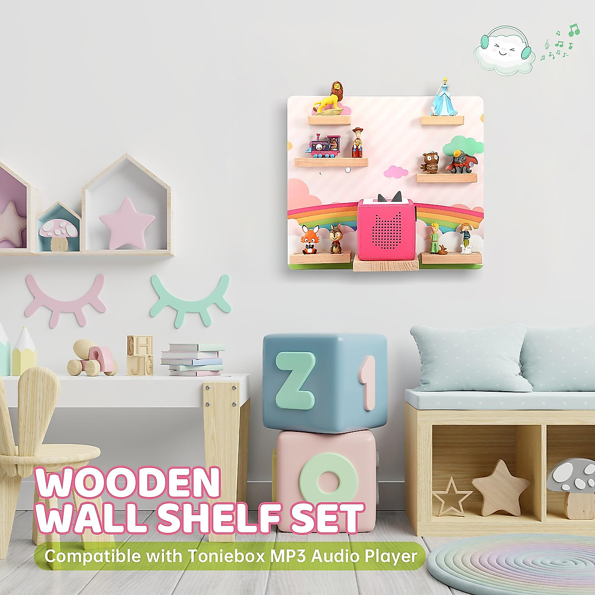 OUKNAK Floating Shelf for Toniebox, Wall Mount Magnetic Wooden Shelf with Carrying Case Compatible with Tonie Audio Player Figures Character for Children Baby's Room (Rainbow)