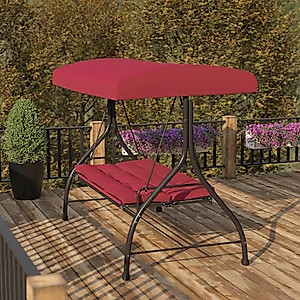Flash Furniture Tellis 3-Seat Outdoor Steel Converting Patio Swing Canopy Hammock with Cushions / Outdoor Swing Bed (Maroon)