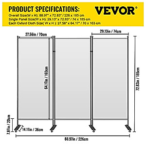 VEVOR Room Divider 6ft, Room Divider Wall 3 Panels, Partition Room Dividers 89"x73", Folding Room Divider, Panel Room Divider, Folding Privacy Screen with Wheels (Light Gray) for Home, Dorm, Office