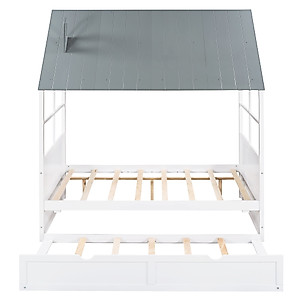 BIADNBZ Full Size House Bed with Twin Trundle, Wooden Platform BedFrame Daybed w/Roof&Window for Kids Boys Girls Bedroom, White+Gray