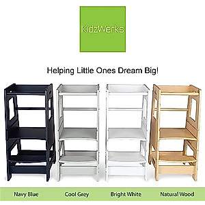 KidzWerks Child Standing Tower Kids Kitchen Step Stool Toddler Wood Stepping Stool, Children's Counter Height Learning Stools, Adjustable Platform, Gray