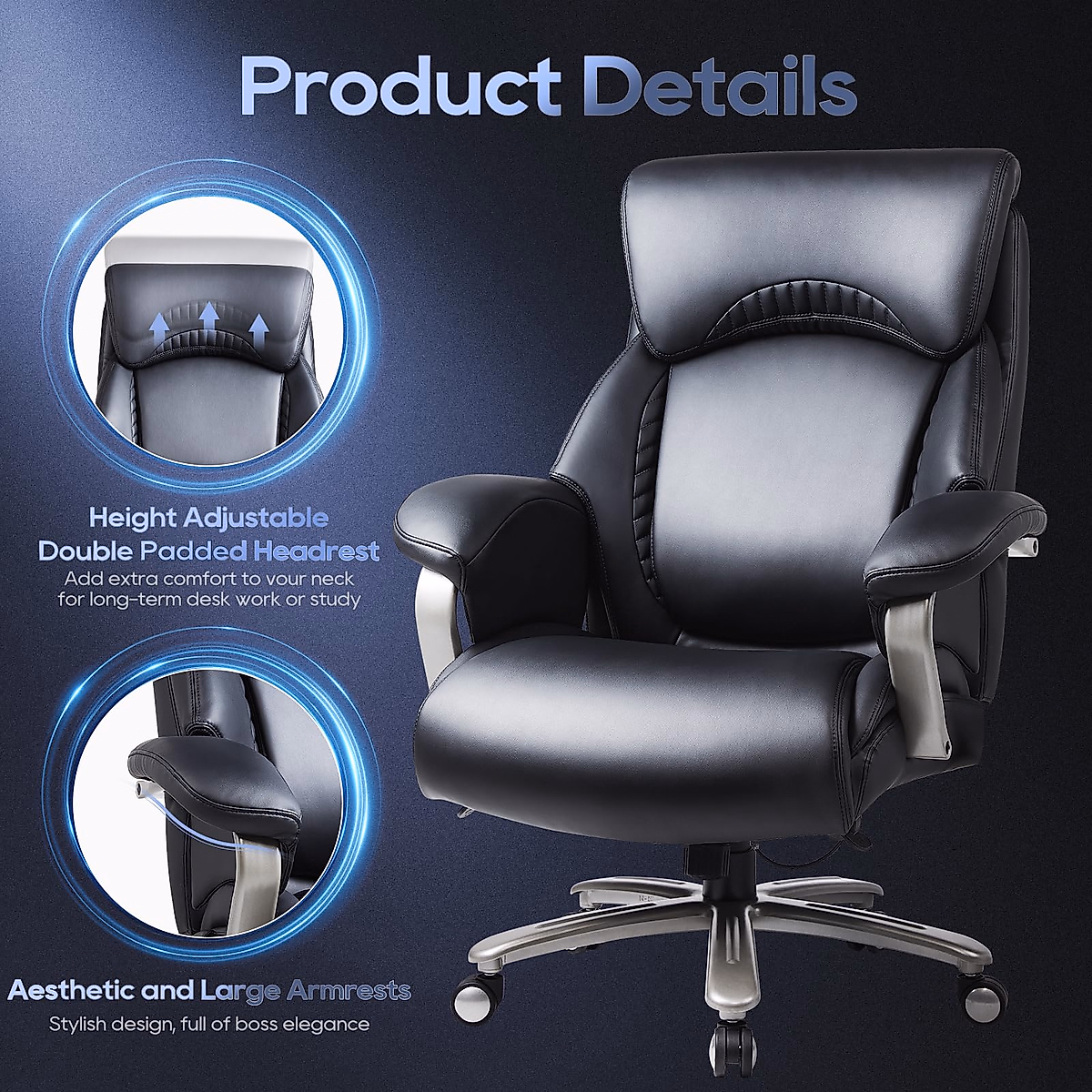 Big and Tall Office Chair 500lbs-Heavy Duty Executive Computer Desk Chair, Ergonomic Chair with Adjustable Lumbar Support and Headrest-Black