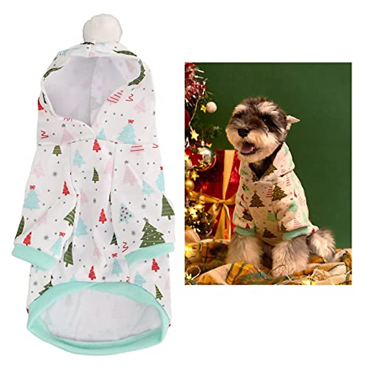 Dog Hoodie, Print on White Odorless Green Christmas Tree Easy to Wear Elastic Dog Sweaters for Winter for Cats S