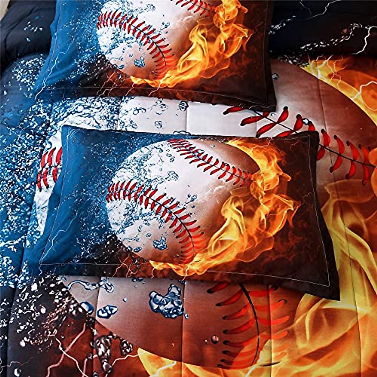 A Nice Night Baseball with Fire Print Comforter Quilt Set and Sherpa Fleece Blanket Twin Size Plush Throw Blanket Fuzzy Soft Blanket Microfiber