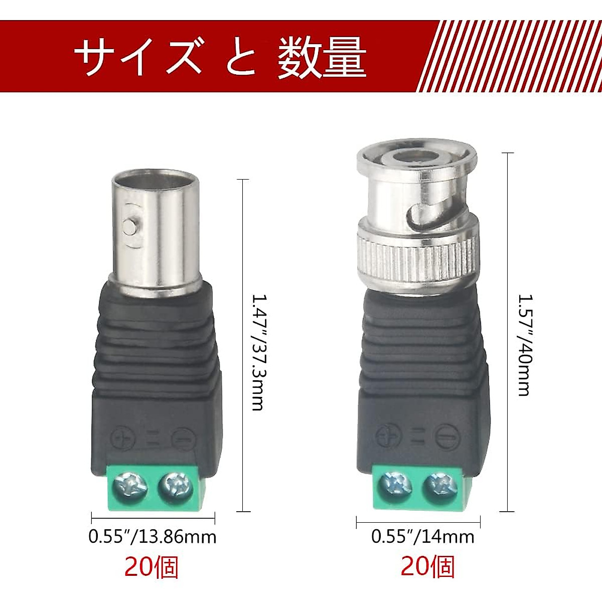 WMYCONGCONG 40 PCS 2.1x5.5mm Male Female DC Power Adapter Connector Camera Video BNC Male Female Balun Connector for Coax Cat5 CCTV