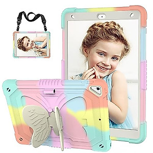 HOGENL for iPad 9th 8th 7th Generation Case for Kids Girl with Pencil Holder, for iPad 10.2 Case with Butterfly Stand Shoulder Strap Shockproof Protective Cover, Multicolor