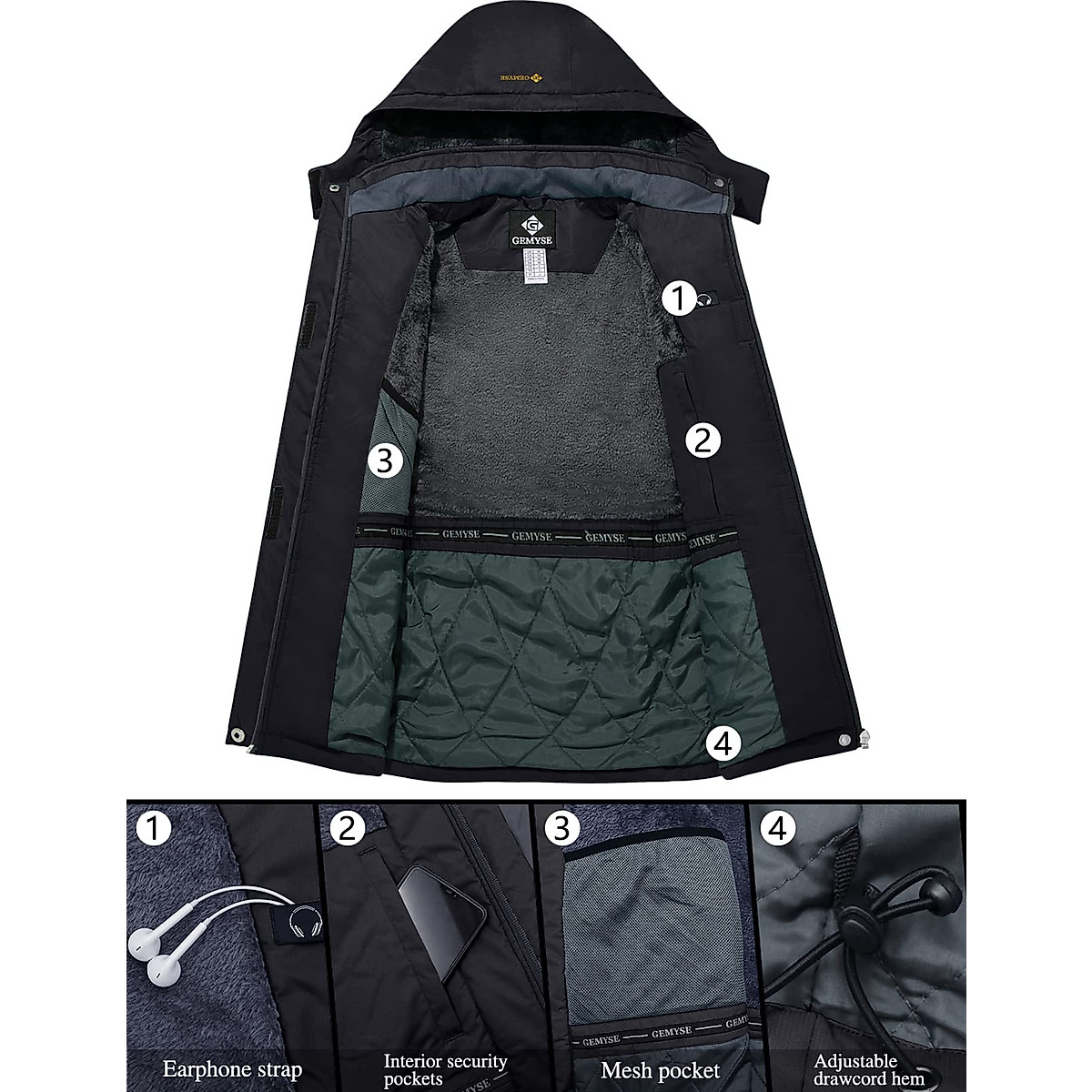 GEMYSE Women's Mountain Waterproof Ski Snow Jacket Winter Windproof Rain Coat Outdoor Hiking Windbreaker(Black 8301,X-Large)