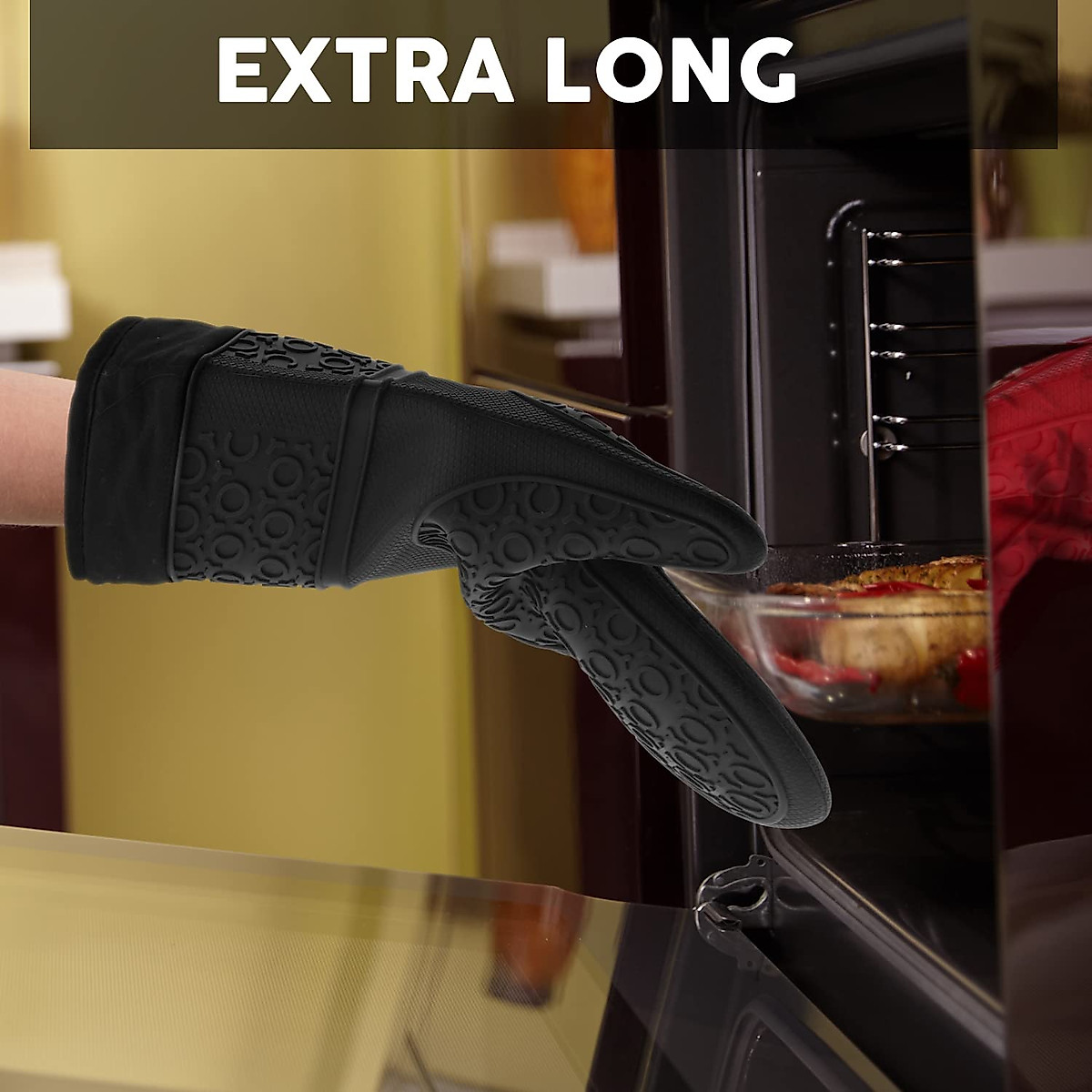 MIJOTEX Heat Resistant Silicone Oven Mitts Silicone Gloves- Set of 2 Extra Long Quilted Liner,1 Pair,12.99 inch (Black)