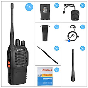 pxton walkie talkies for Adults Long Range with USB Charger and Upgraded Earpieces,Handheld Portable Two Way Radio walkie Talkie Rechargeable Include Li-ion Battery and Flashlight（4 Pack） Black
