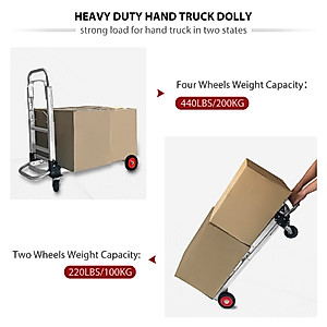 Oyoest Aluminium Hand Truck Dolly Heavy Duty 440lbs Capacity 2 in 1 Convertible Folding Hand Truck with Pneumatic Wheels and Telescoping Handles,Portable Dolly Cart with Bungee Cords for Moving