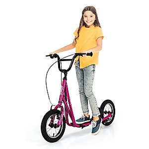 GYMAX Scooter, Kids & Adults Off-Road Scooter with 12" Inflatable Wheels, Adjustable Height Handlebar, V-Type Handbrakes & Axle Pegs for All Terrain, 8+ (Pink)