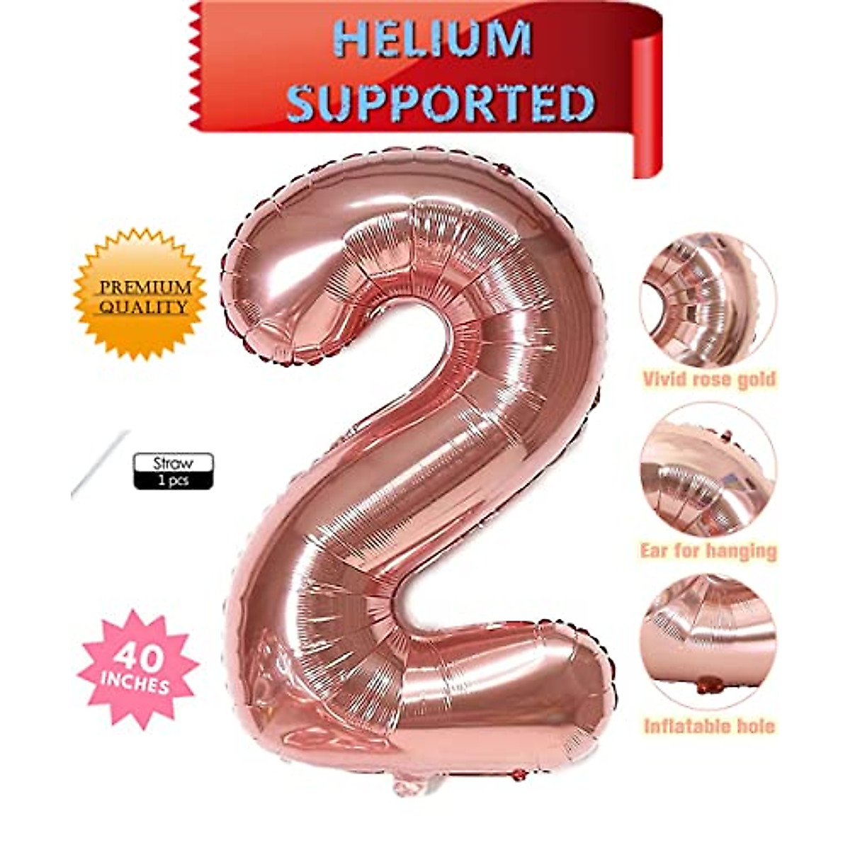 40 Inch Rose Gold Jumbo 2 Number Balloons Huge Giant Balloons Foil Mylar Number Balloons for Birthday Party,Wedding, Bridal Shower Engagement Photo Shoot, Anniversary (Rose Gold,Number 2)