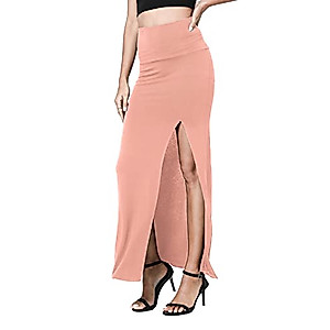 Urban CoCo Women's Vintage High Waist Bodycon Split Maxi Skirt(Pink,L)