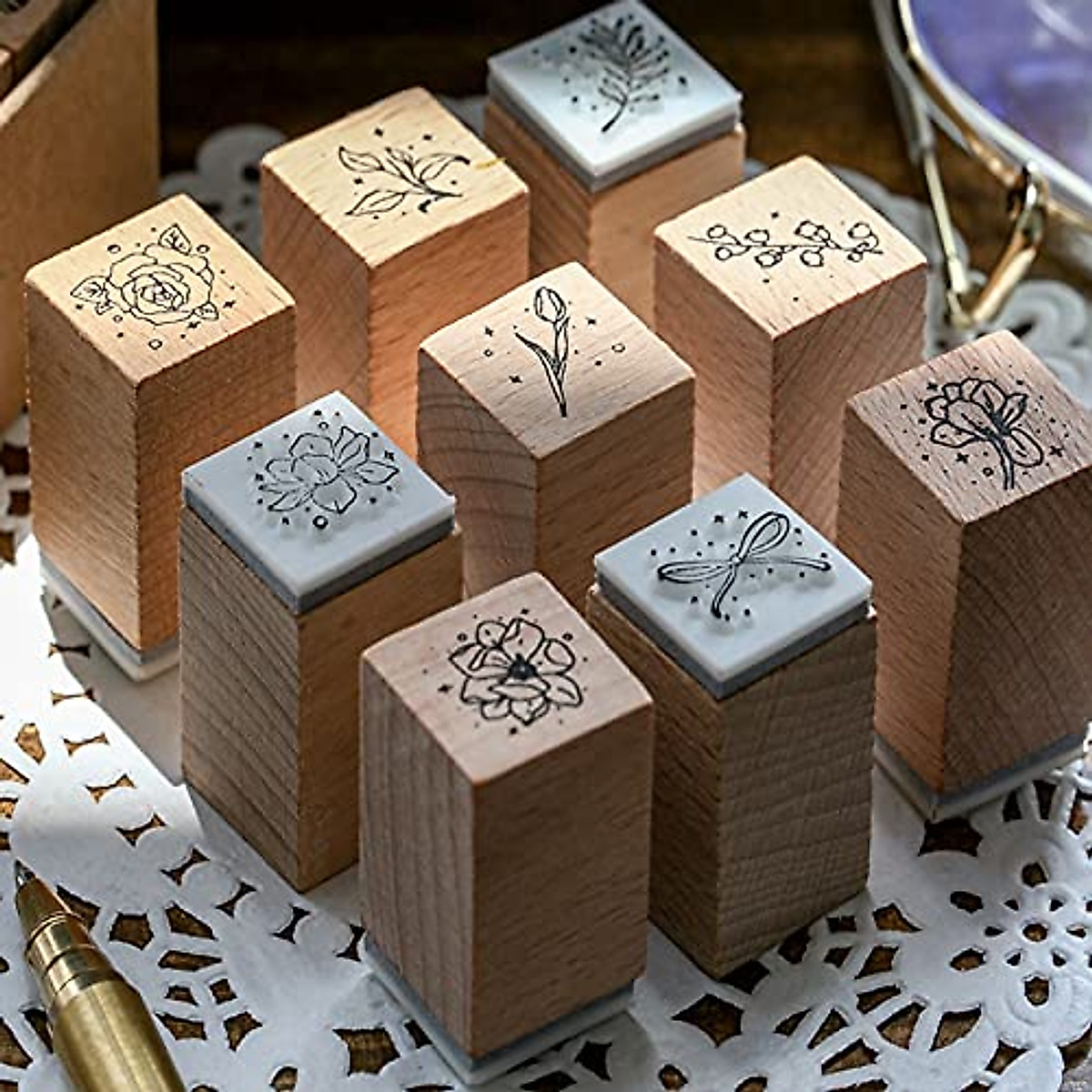 16Pcs Wooden Mounted Rubber Stamps Wood Rubber Stamp Set for Art and Craft DIY Card Making Scrapbooking