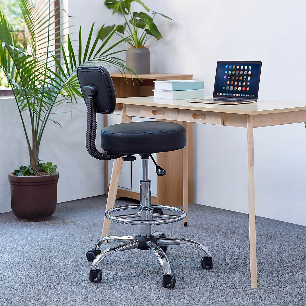 KLASIKA Drafting Swivel Chair with Back Support and Adjustable Footrest Rolling Stool, Multi-Purpose Office Desk Chair for Bar Kitchen Shop, Black