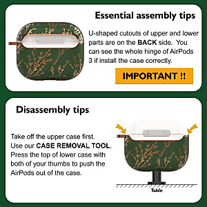 TATOFY Case Cover for AirPods 3, AirPods 3 Case for Women, Flora Protective Hard Case with Carabiner, Led Visible, Wireless Charging Compatible (Golden Green)