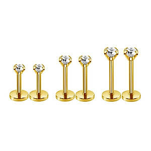 3Pairs 18g Round CZ Labret Cartilage Tragus Monroe Lip Nose Helix Studs Earrings for Women Men Stainless Steel Cubic Zirconia Huggie Stud Fashion Piercing Jewelry Gifts (gold)