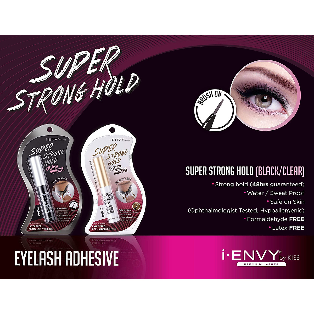 i-ENVY By KISS Super Strong Hold Eyelash Adhesive, Waterproof Long-Lasting Strip Lash Glue, Natural-Looking Allergy & Latex Free with Brush Applicator (Clear, 3 PACK)