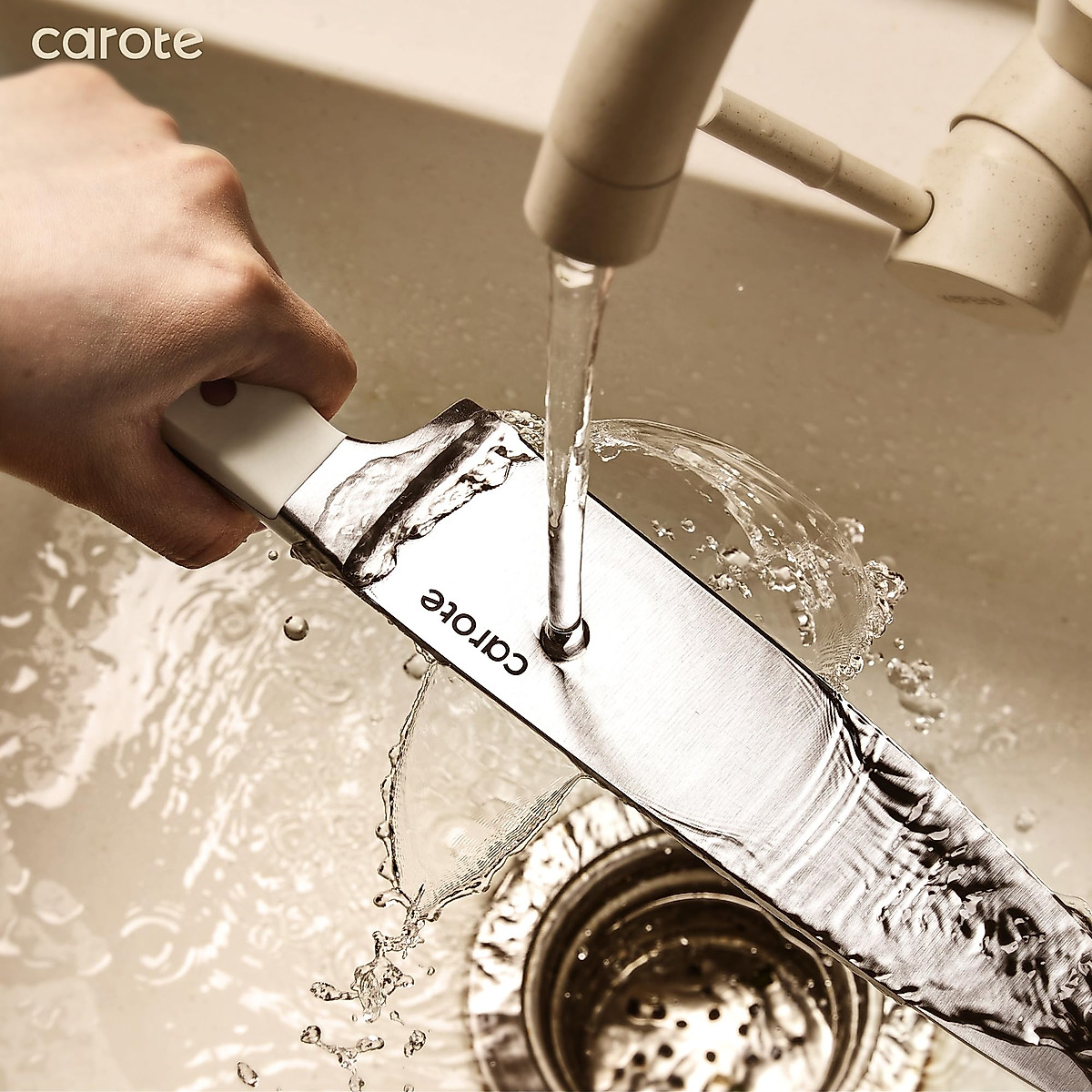 CAROTE 11PCS Knife Set with Block for kitchen, Stainless Steel Razor-Sharp Blade, Triple Riveted Ergonomic Handle,Essential Knife Set, Beige