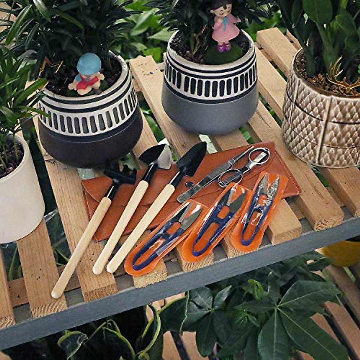 Sanlykate Bonsai Tool Kit 8pc, Basic Trimmer Set Include Pruner, Fold Scissors, Tweezer, Spades, Rake